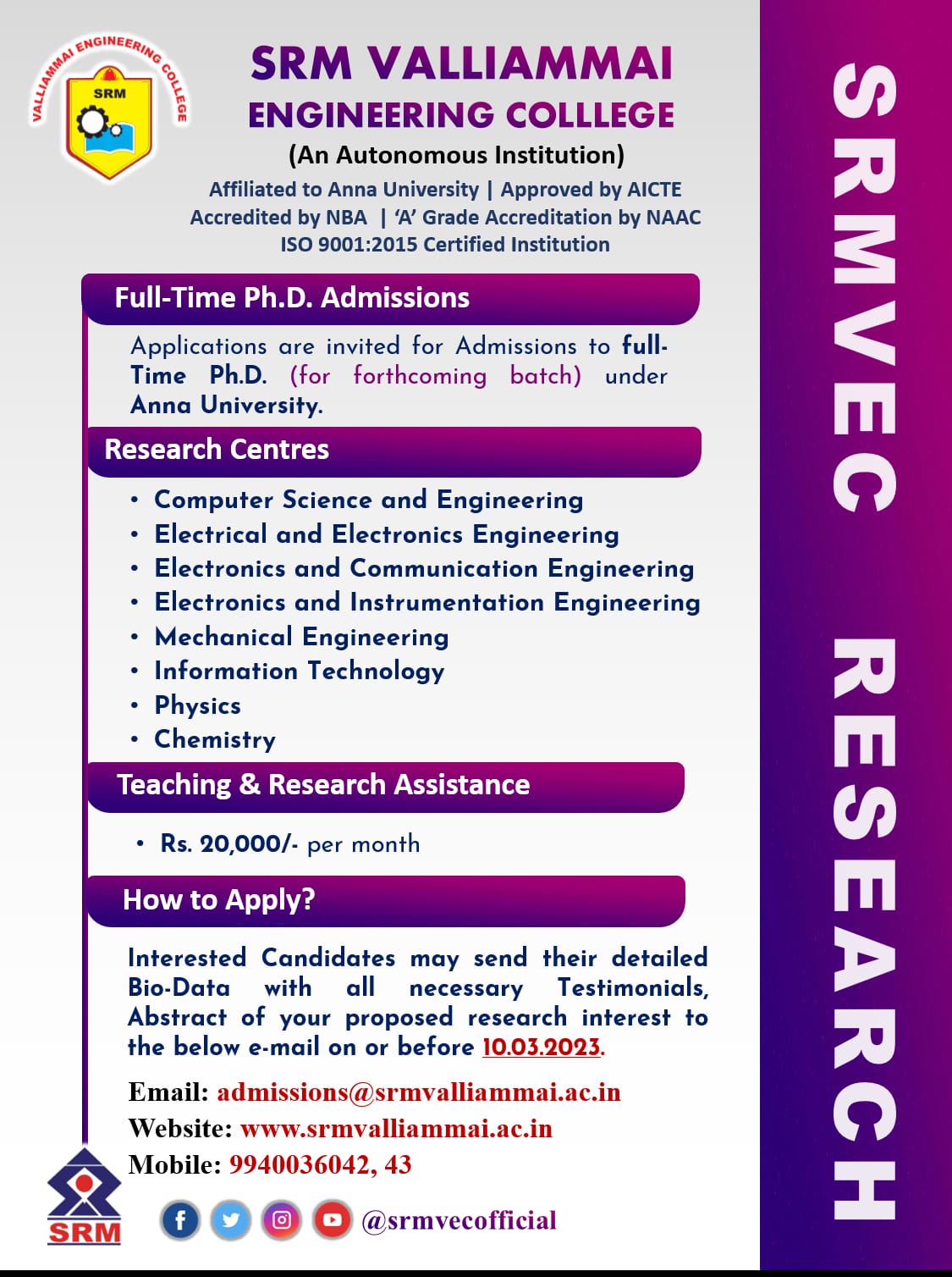 Research – SRM Valliammai Engineering College, Chennai
